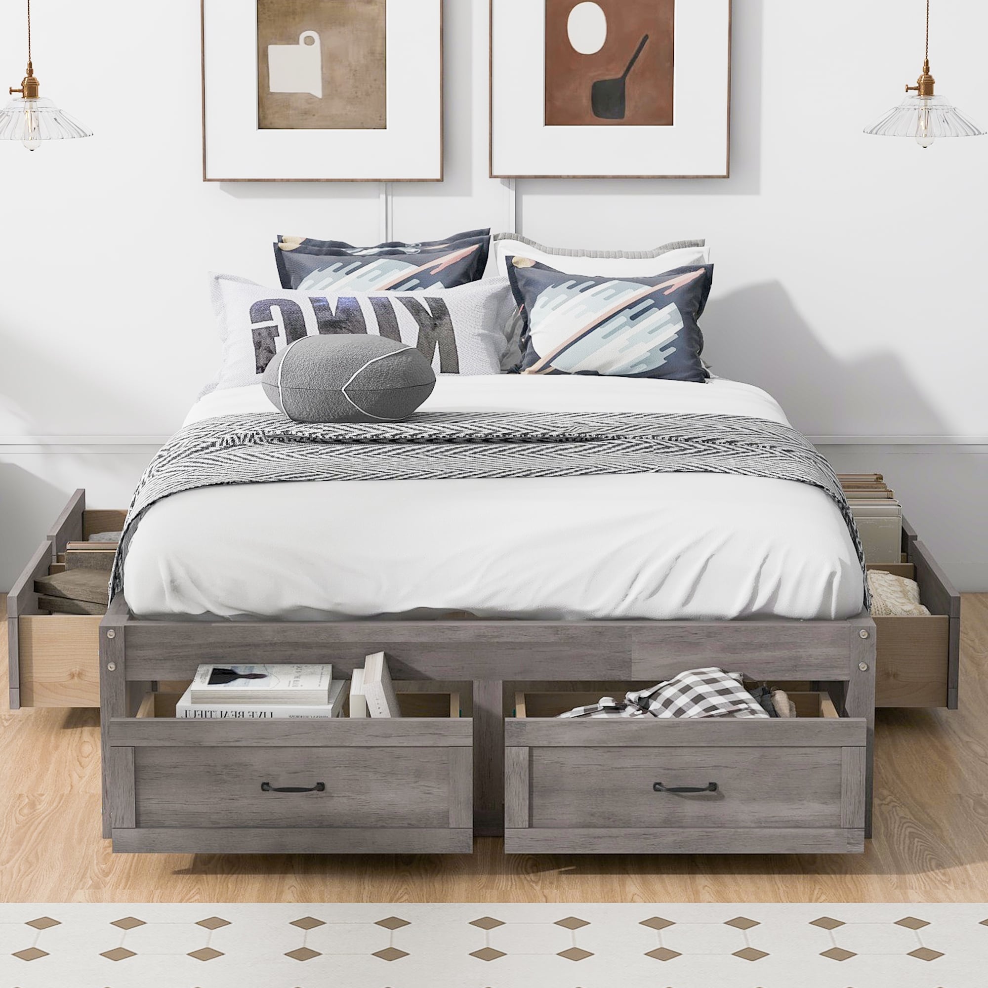 Full Size Platform Bed Frame with 6 Storage Drawers - Antique Gray ...