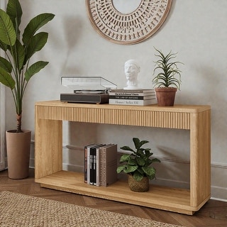 60" Modern Fluted Console Table with 2 Drawers, Natural Wood Veneer ...