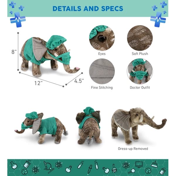 DolliBu Elephant Doctor Plush with Cute Scrub Uniform and Cap Outfit ...