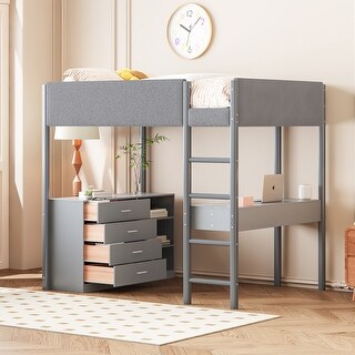 Full Size Teddy FleeceLoft Bed Wood Bed With Soft Padding,Storage Shelf ...