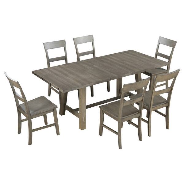 7-Piece Wooden Dining Set Extendable Dining Table Set with Ergonomic Wood Chairs and Rectangular ...