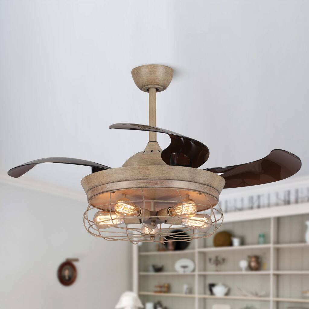 46" Industrial Retractable 4-Blades Cage Ceiling Fan with Light Kit ...