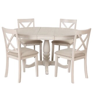 Wooden Round Drop Leaf Extendable Dining Table Set with 4 Upholstered ...