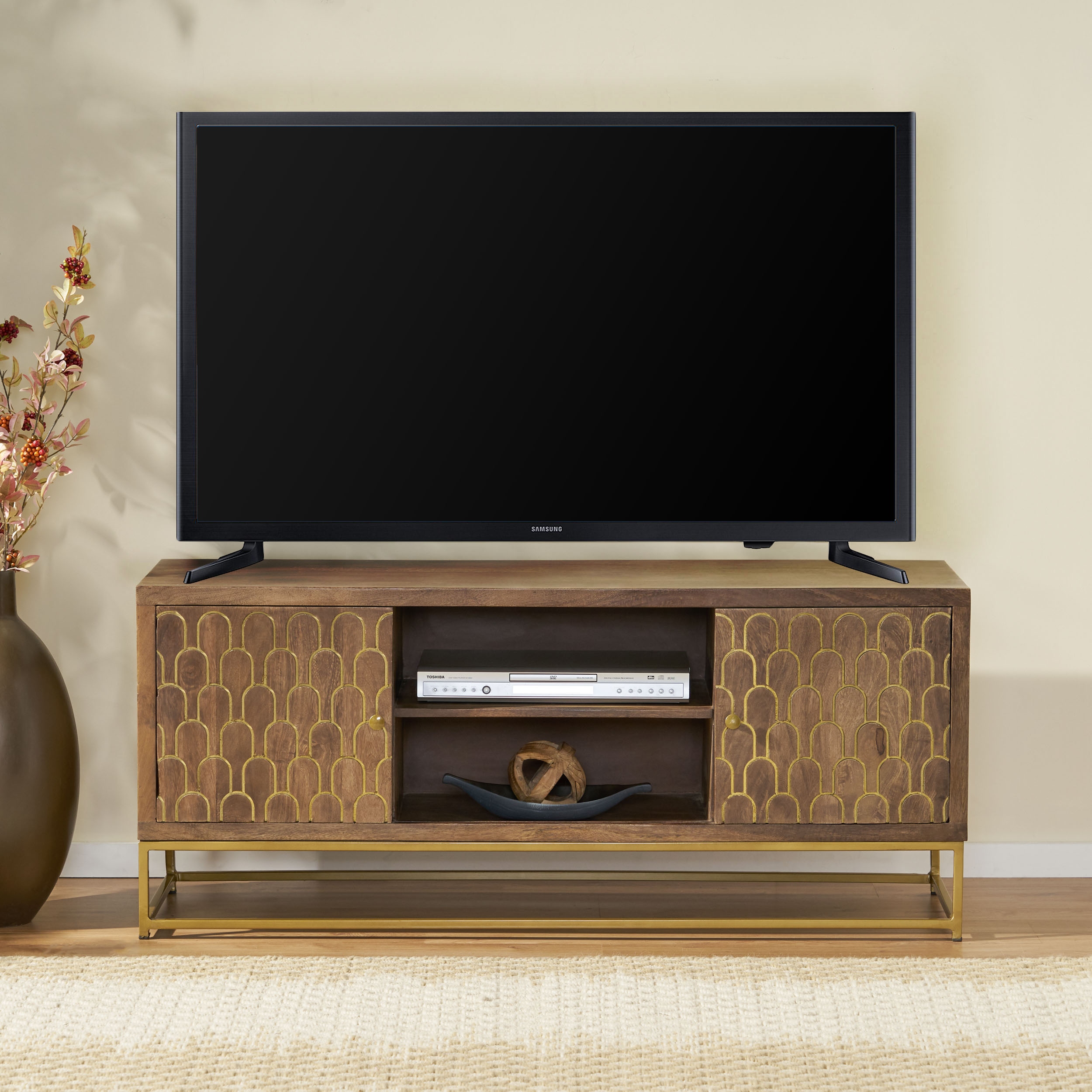 Handcrafted Mango Wood TV Stand with Gold Accents 51 Modern Media Console with Sunburst Design and Sliding Doors