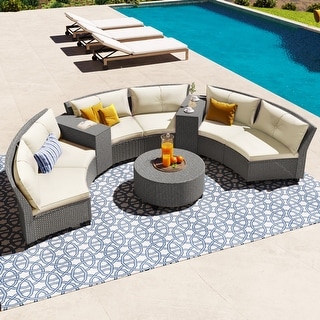 Fan-shaped 6-Person Rattan Outdoor Furniture Set with Cushions and Tabl ...