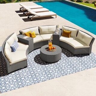 6 - Person Fan-shaped Rattan Suit Combination with Cushions and Table,Suitable for Garden - Bed ...