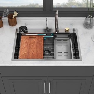 Gunmetal Black Drop in Waterfall Kitchen Sink 33*22 inch Single Bowl 16 ...