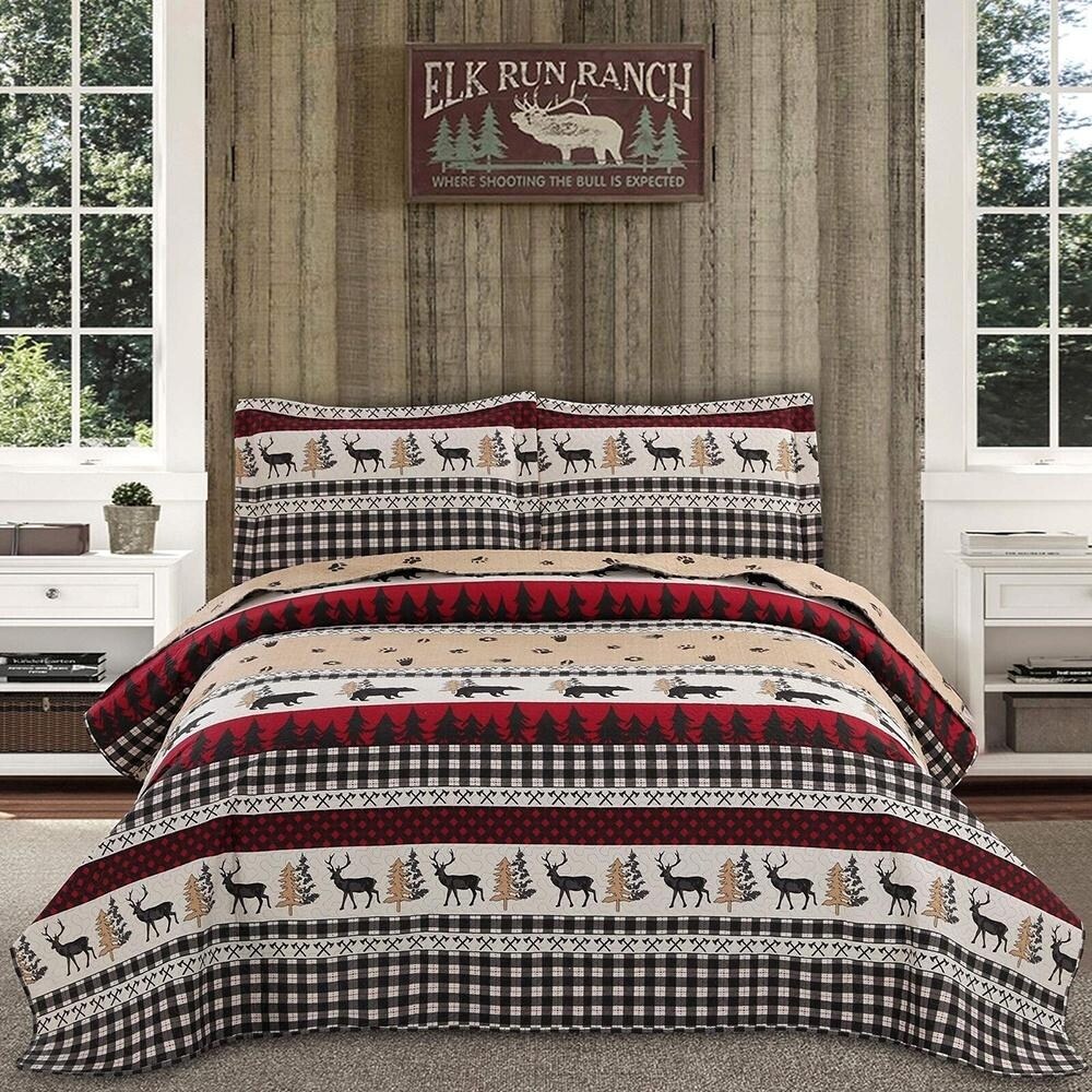 King Size Rustic Quilt Bedding Set Black White Plaid 108 x 96 Black White