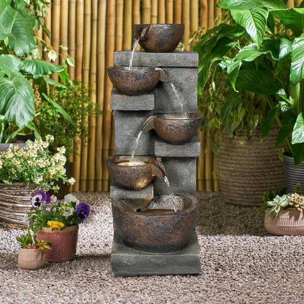 5-Tier Outdoor Water Fountain w/LED Lights Waterfall Feature for Patio ...