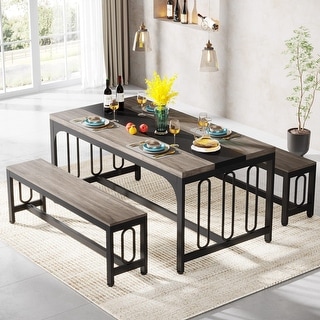 55 Inch Dining Table Set for 4-6, 3-Piece Kitchen Table with 2 Benches ...