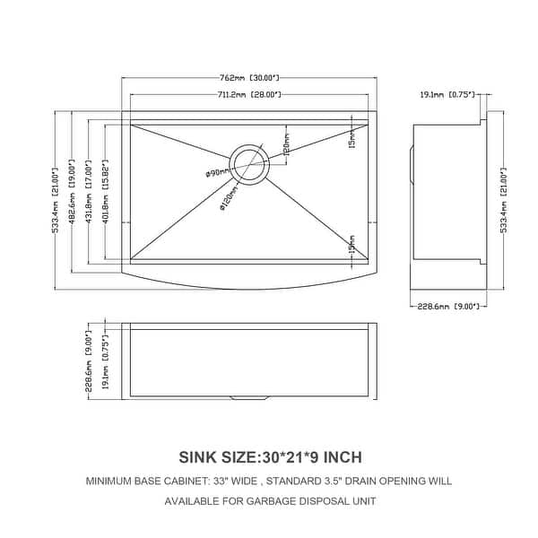 30x21 Inch Rectangular Farmhouse Kitchen Sink - 30-in L x 21-in W x 9 ...