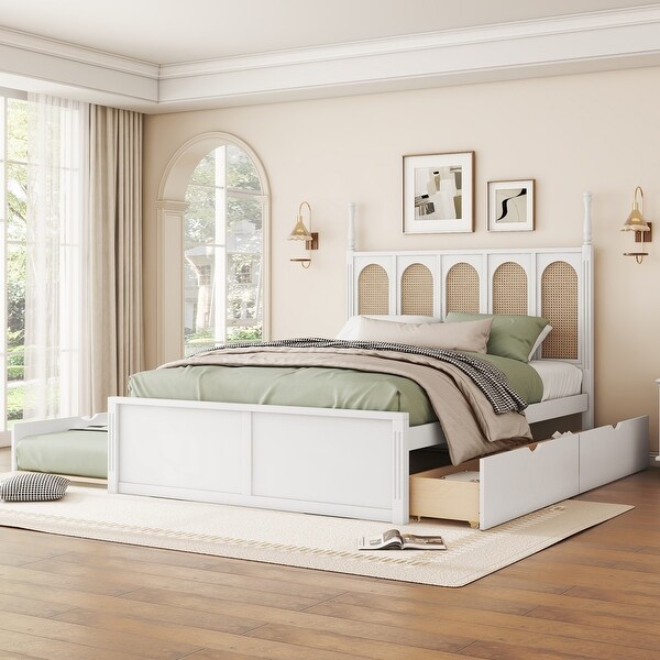 White Wooden Bed with Twin Size Trundle Bed and 2 Drawers Storage Bed Classic Queen Size Rattan Bed Woven Rattan Headboard On Sale Bed Bath Beyond 40767604