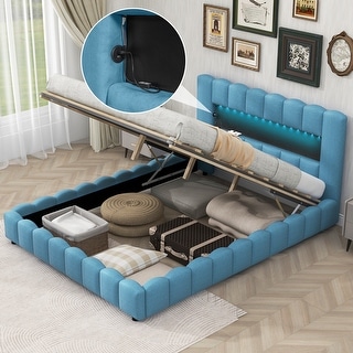Queen Grounded Bed LED Upholstered Platform Bed with USB Port - Bed ...