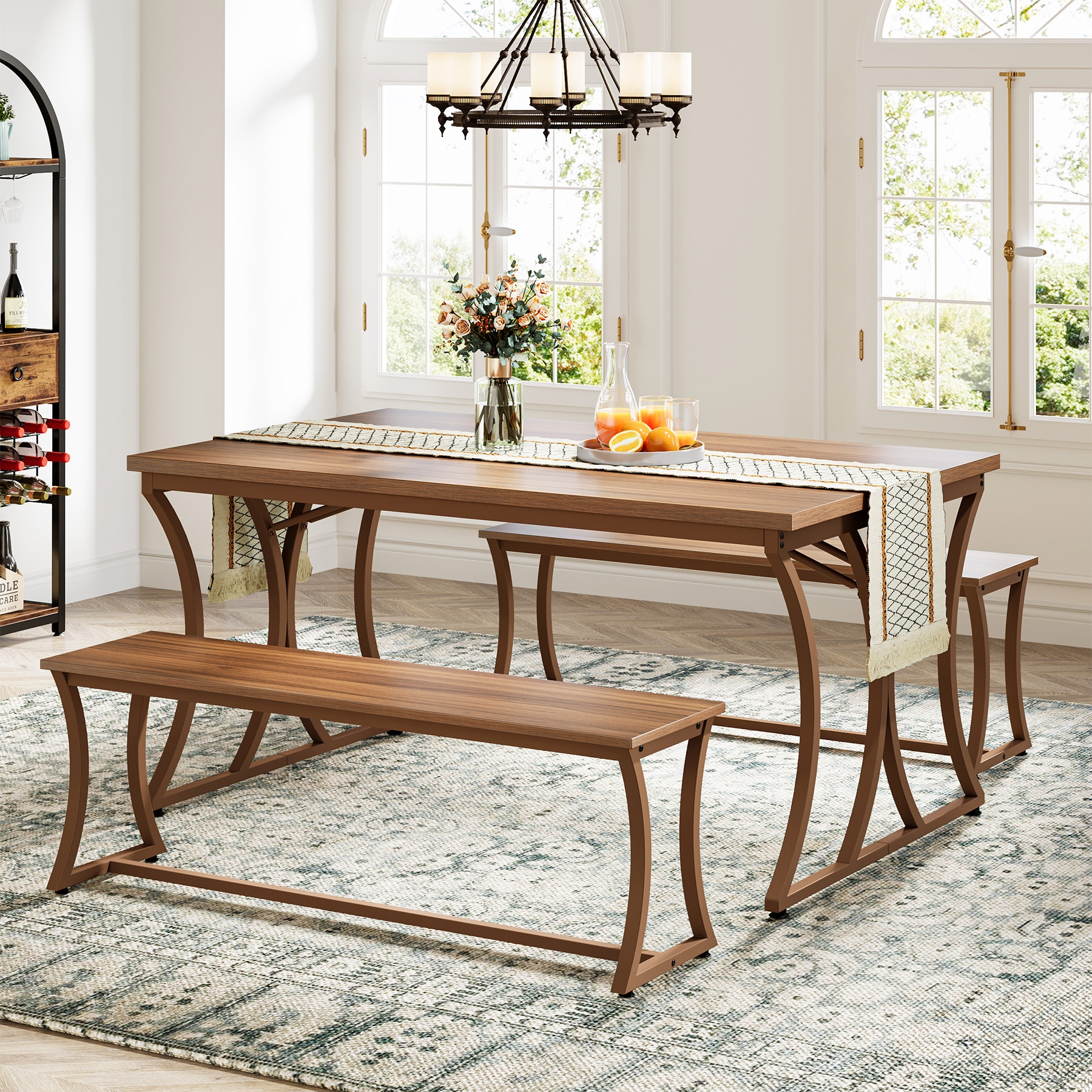 51 Rectangle Kitchen Dining Table with Bench Set for 4 People Brown