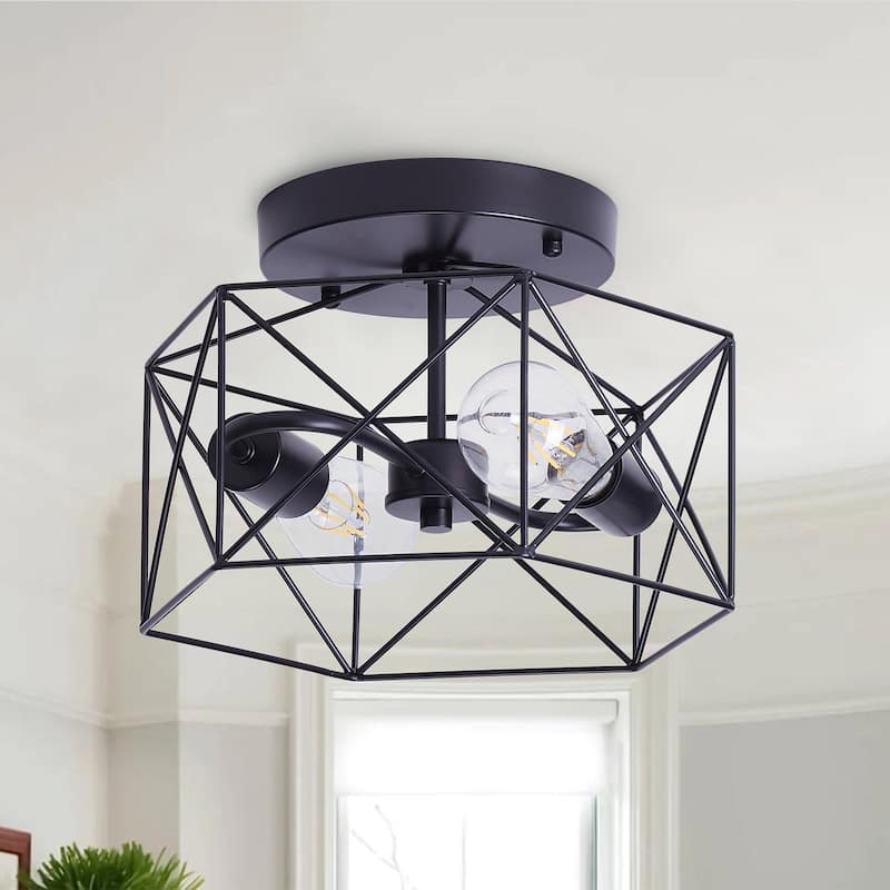 Modern 2-Light Black Metal Geometric Frame Semi Flush Mount Ceiling ...