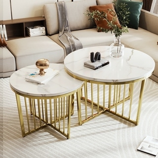Modern Round Nesting Coffee Table Set 2-Piece White & Marbling Top Gold ...