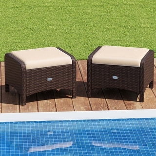 Set of 2 Rattan Footstools Wicker Outdoor Ottomans Outside Foot Rest ...