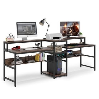 Two Person Computer Desk with Monitor Hutch and Storage Shelves - Bed ...
