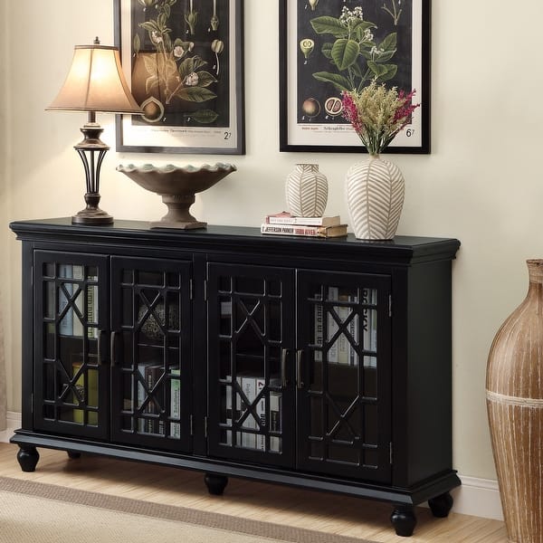 Decorative Lattice Overlay Design Black 4-door Accent Buffet Cabinet ...