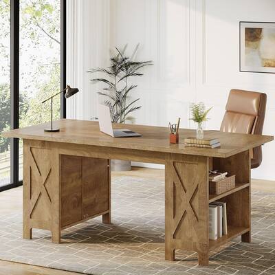 63-Inch Large Executive Desk, Wooden Office Computer Desk with Storage ...