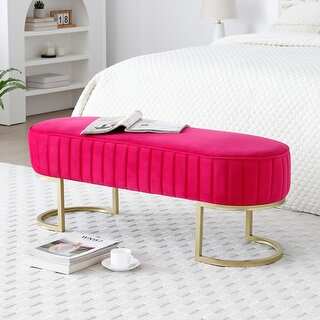 Rose Red Velvet Oval Upholstered Bench with Golden Legs - Bed Bath ...