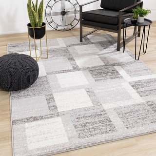 Flynn Collection - Grey/White Distressed Squares Rug - Bed Bath ...