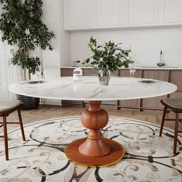 Min-Century Round Sintered Stone Top Solid Wood Base Dining Table - Bed ...