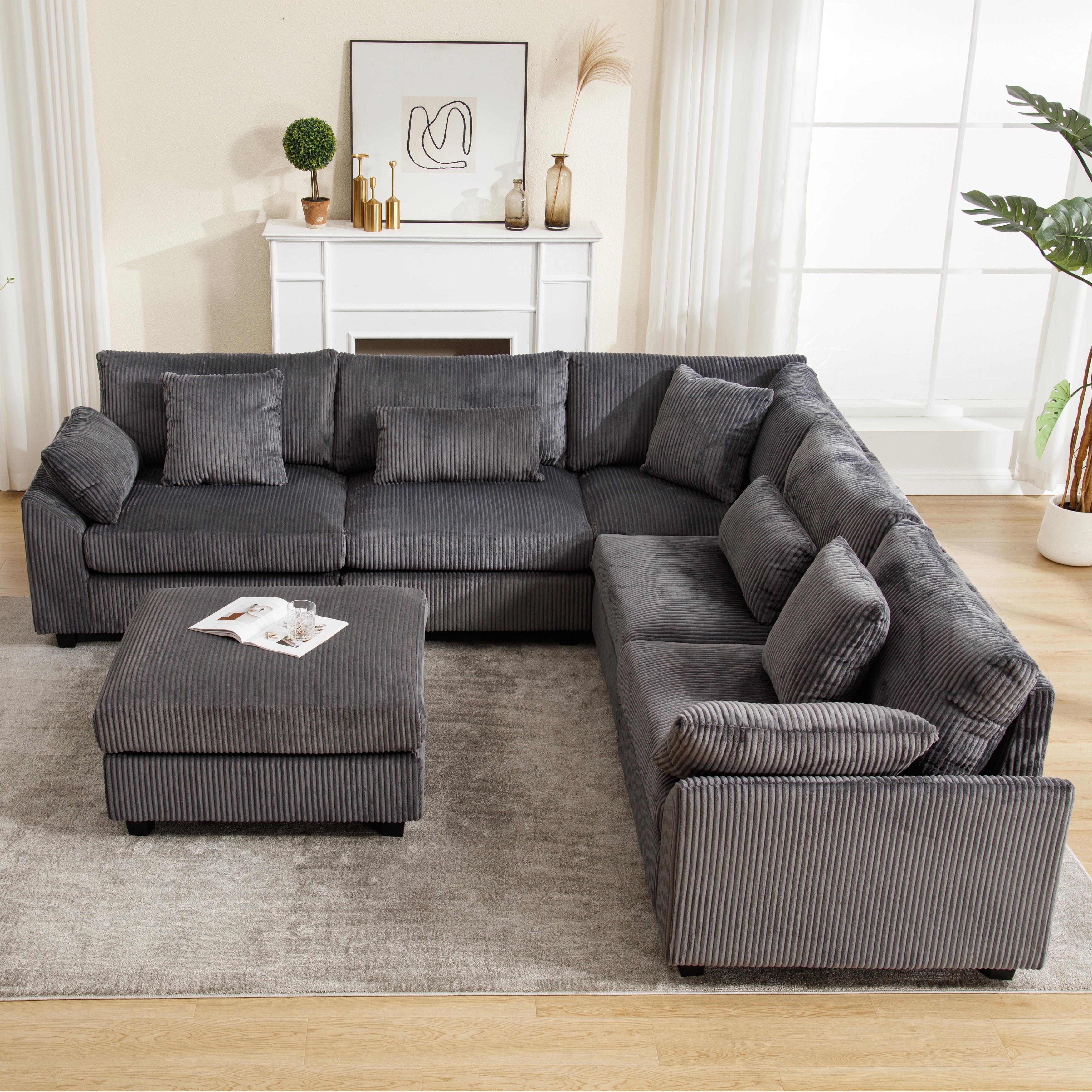 Dark Gray Sectional Sofa Set Corduroy Modular Recliner with Ottoman