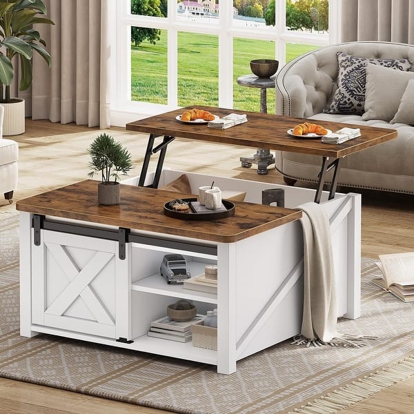 Lift Top Coffee Table Sliding Barn Door Cocktail Table Storage Shelf ...