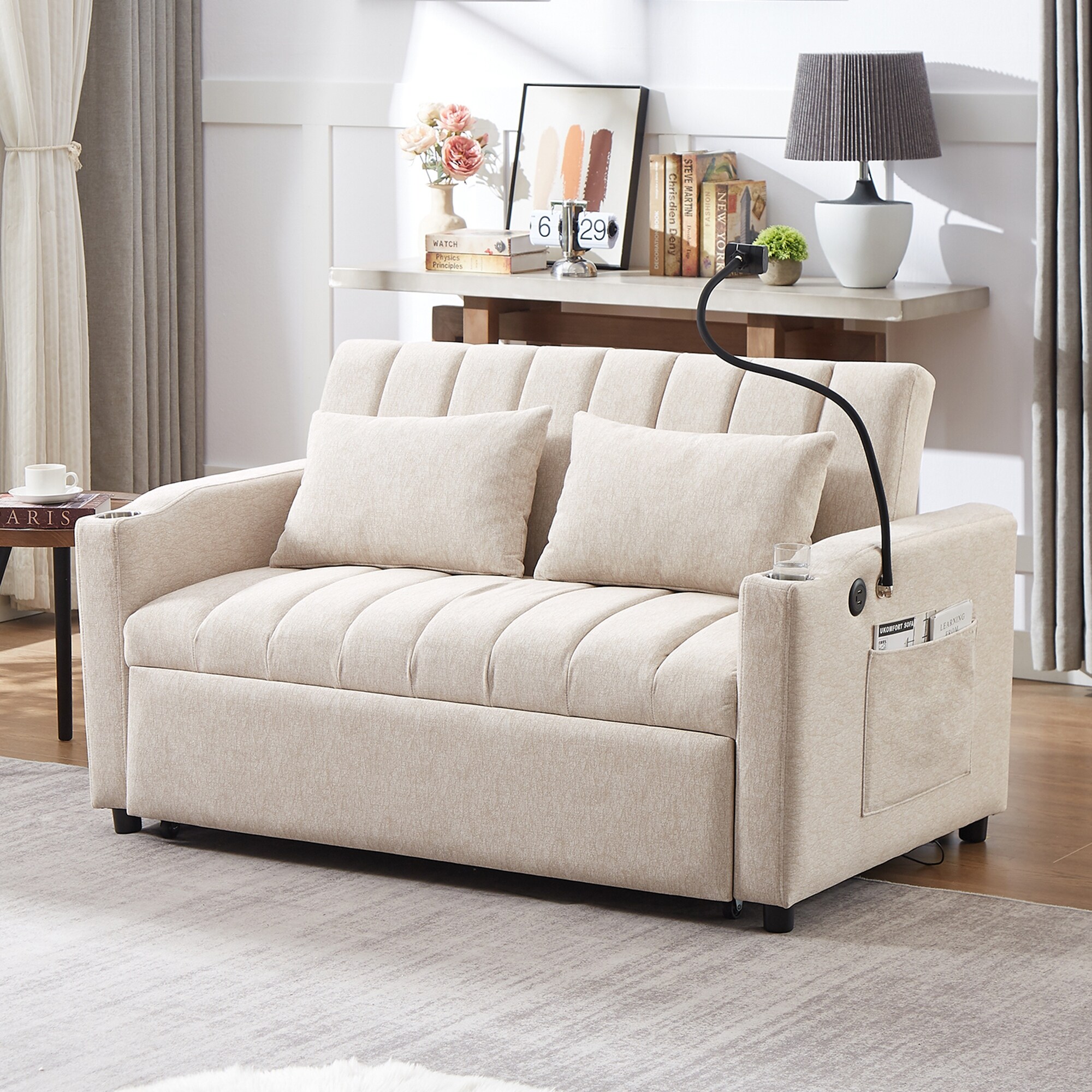 Striped Fabric Loveseat Multifunctional Couch Pull Out Sofa Bed Beige