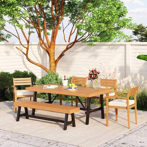 6-Pieces Outdoor Wood Dining Set with Removable Cushions, 4 Ergonomic ...