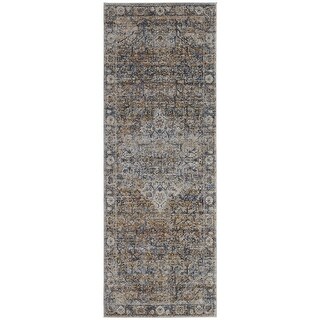 8' Tan Orange And Blue Floral Power Loom Distressed Runner Rug With ...