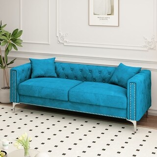 Blue 83" Velvet Tufted 3-Seater Sofa with Nailheads - Bed Bath & Beyond ...
