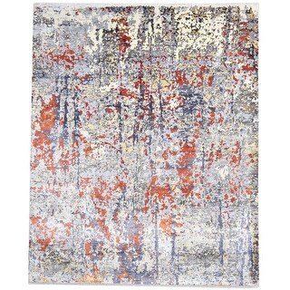 One of a Kind Hand-Knotted Modern 8' x 10' Abstract Silk Grey Rug - 8 ...