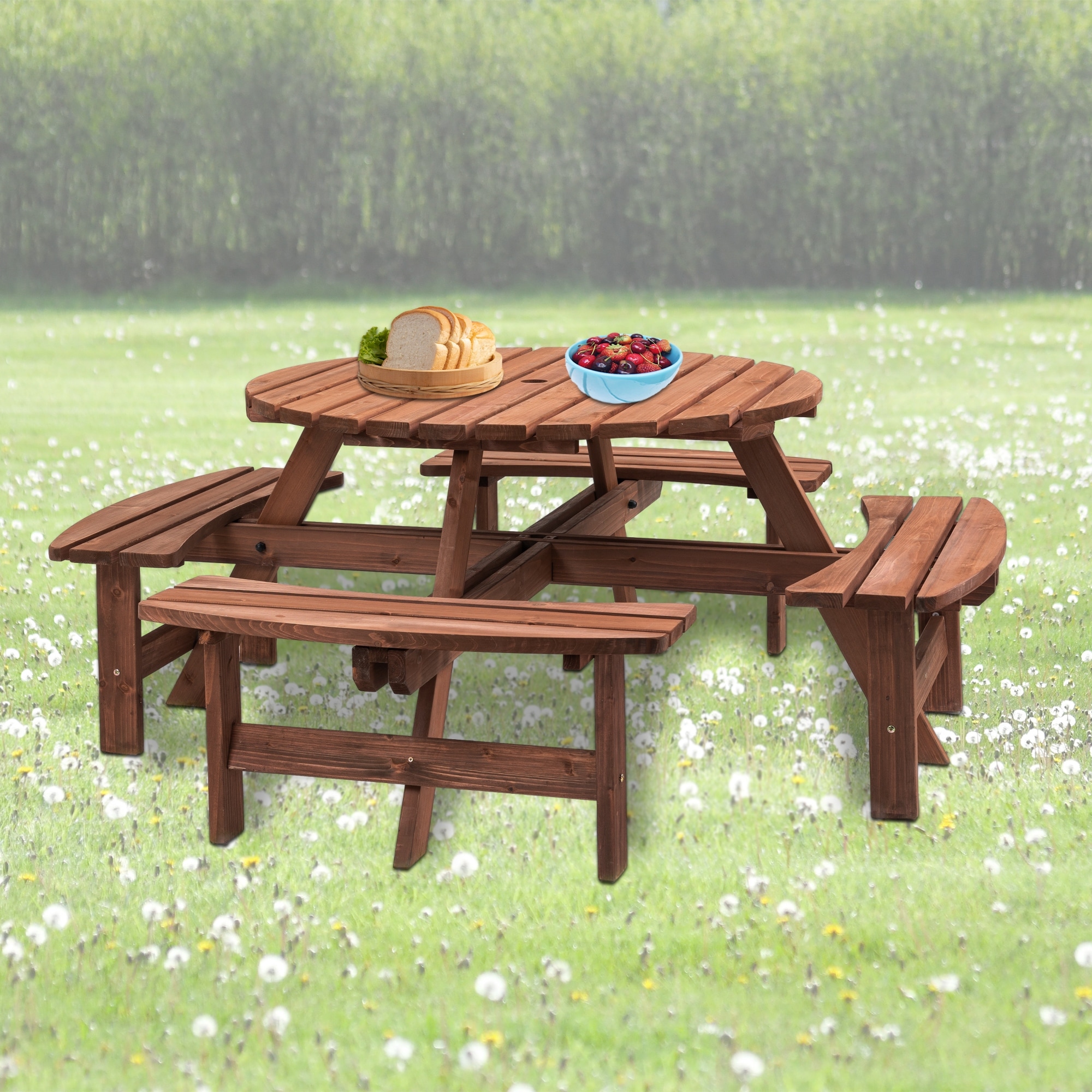Round wooden picnic bench 8 seater store