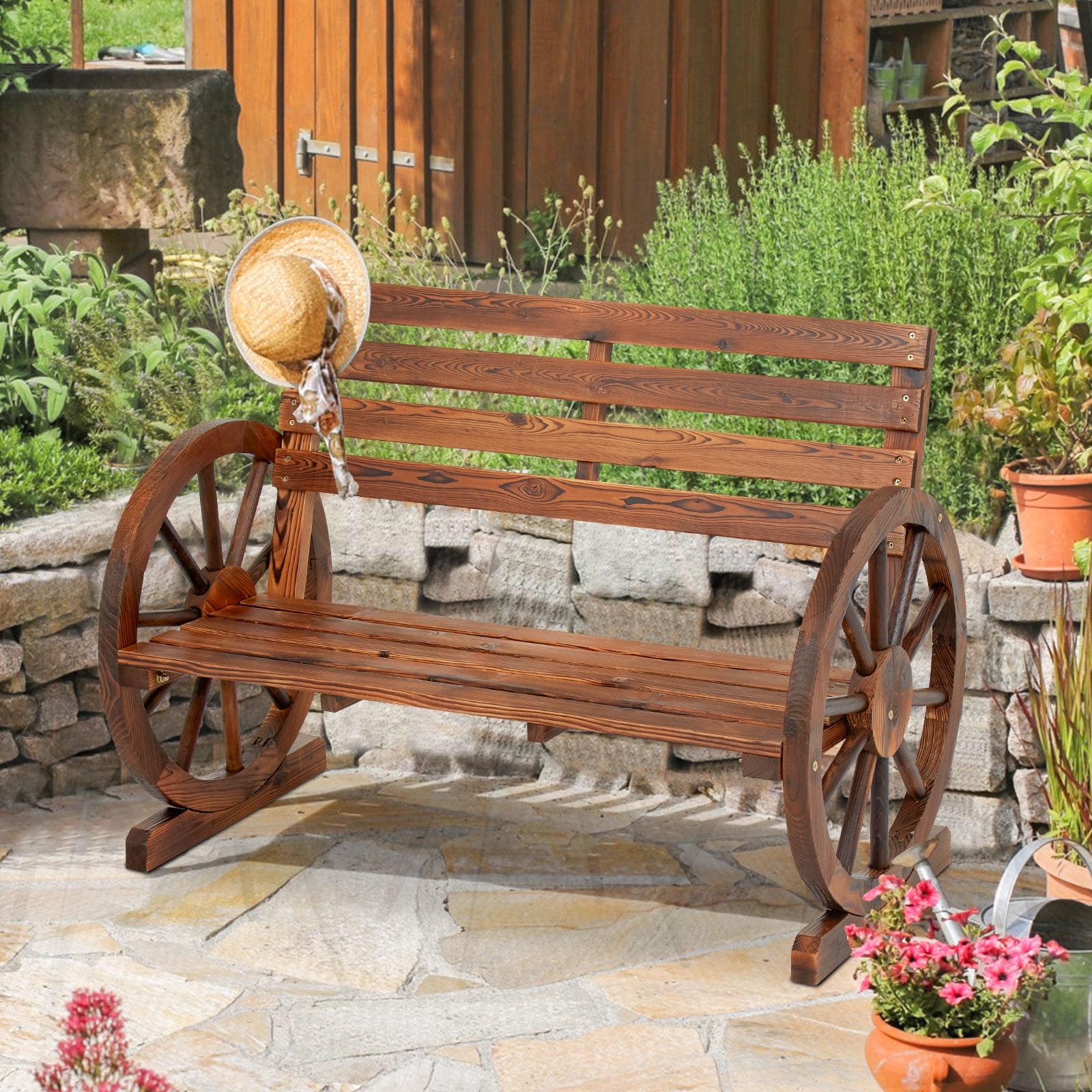 rustic garden bench with back