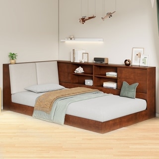 Twin L-Shaped Corner Daybed with Storage Bookcase, Upholstered ...
