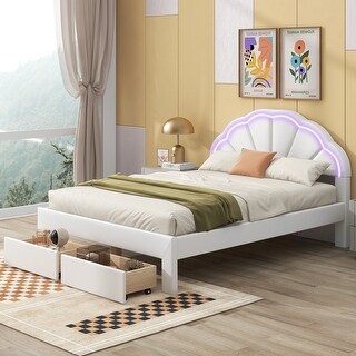 Seashell-Shaped Platform Bed Frame with 2 Drawers & LED-Queen, White ...