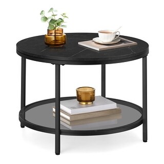 Round Coffee Table, Small Coffee Table with Faux Marble Top and Glass ...
