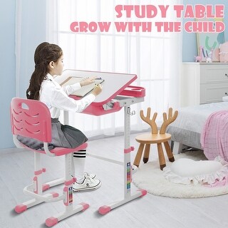 Adjustable Study Desk & Chair Set Pull Out Drawer With Tilted Desktop ...
