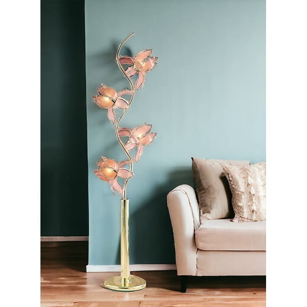 HomeRoots 73" Gold Four Light Floral Floor Lamp With Pink Glass Shades ...