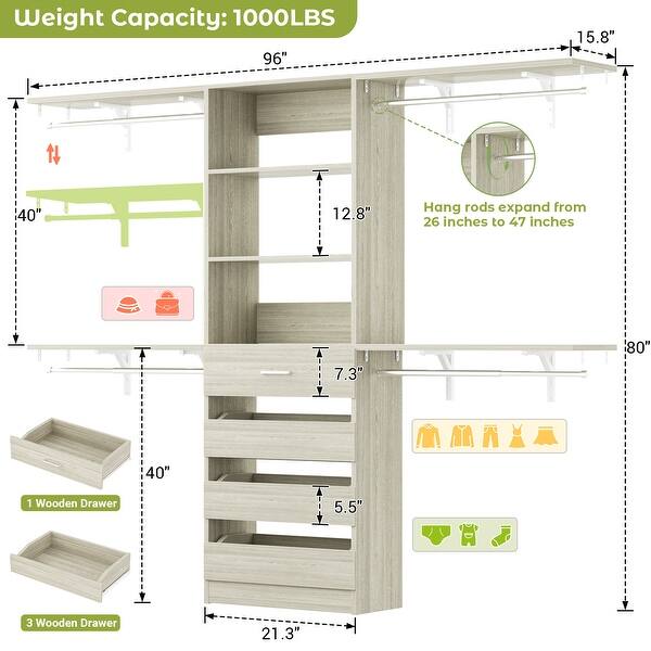 Rackcog 96'' Closet System with 4 Drawers and 4 Hanging Rods, 8FT Wood ...
