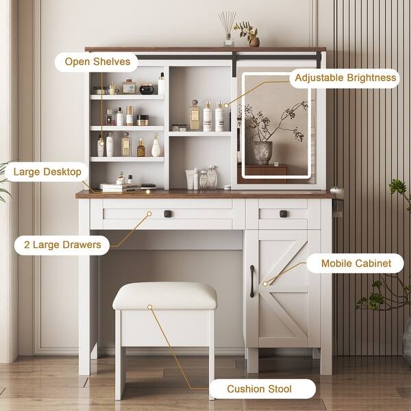 Rustic Big Makeup Vanity Desk with Sliding Mirror and Lights and ...