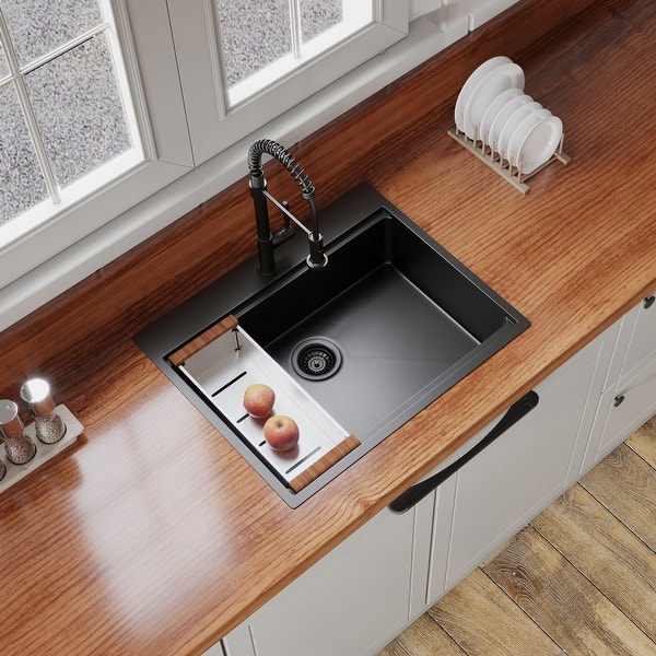 30" x 22" Black Drop In Kitchen Sink, 16 Gauge Stainless Steel ...