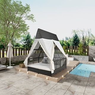 Garden Double Sun Daybed with Curtains and Canopy, Patio Sofa Bed ...