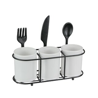White Ceramic Triple Pot Silverware Storage Holder With Metal Tray - 8. ...