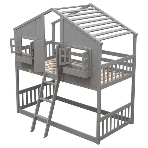 Twin over Twin Treehouse Bunk Bed with Roof and Storable Window Box ...