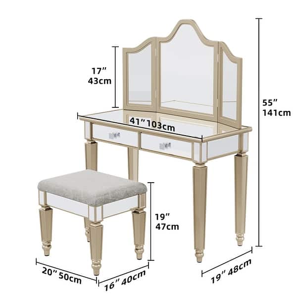 Moasis Folding Mirrored Vanity Set with 2 Drawers and Ottoman - Bed ...