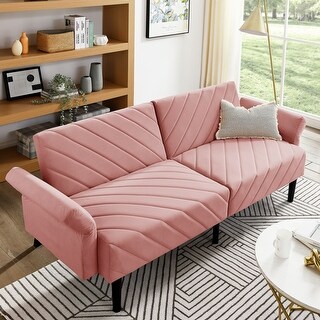 Pink 78'' Velvet Convertible Futon Sofa Bed with Adjustable Backrests ...
