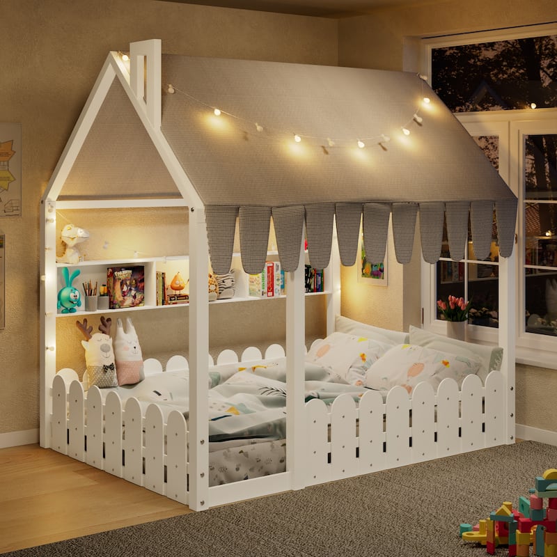 Roomfitters Full Wood Montessori House Bed, Fabric Tent & String Lights ...